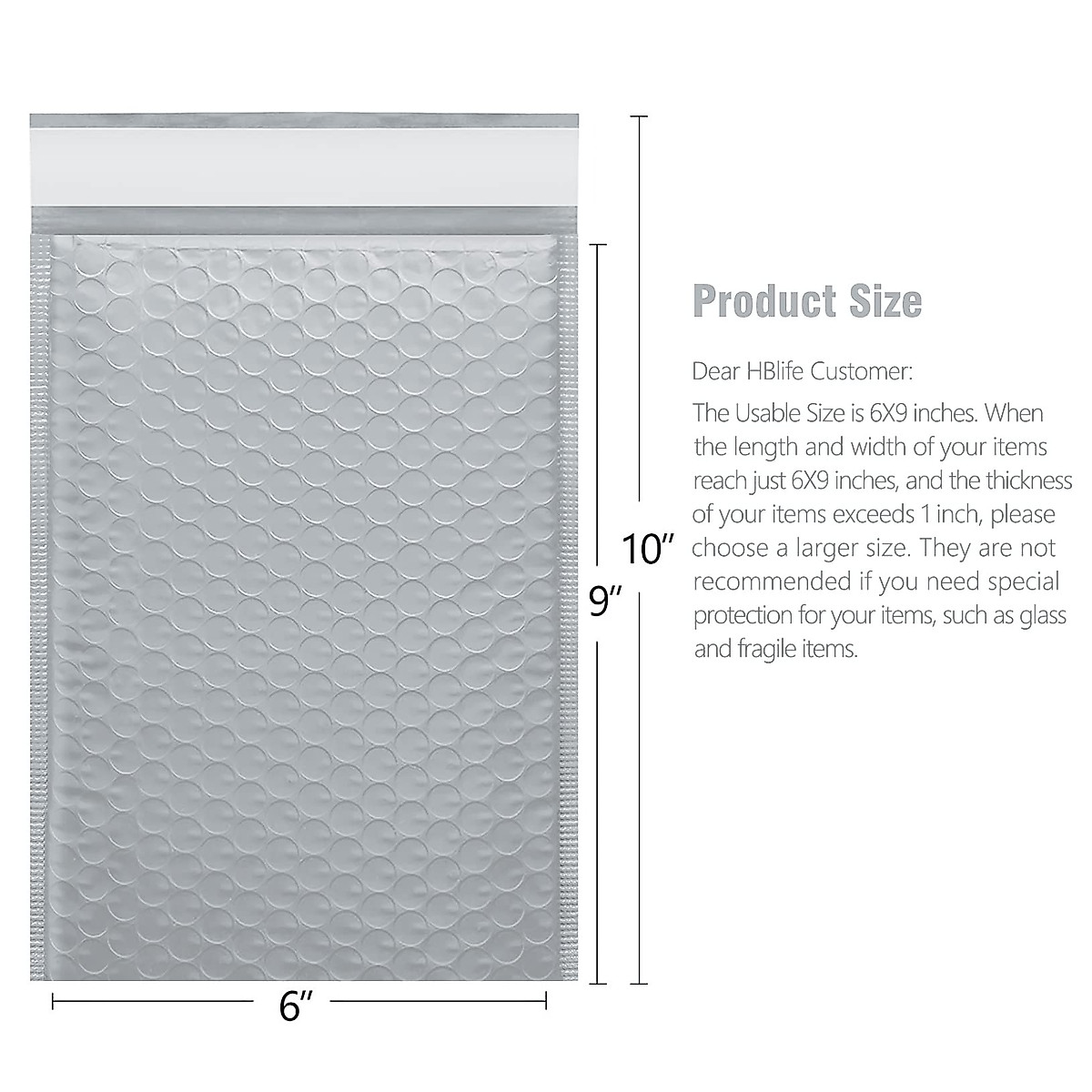 HBlife 50 Pcs Bubble Mailers, 6x10 Inches Self Seal Gray Poly Mailers, Padded Envelopes Shipping Bags Packaging for Small Business