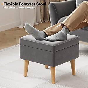 Brelice L Shape Loveseat Sofa, 47" Small Velvet Couch for Bedroom, 2-Seat Sofa with Ottoman, Convertible Wooden Tray and 2 Pillows, Small Couch for Small Space, Living Room, Easy Assembly, Grey