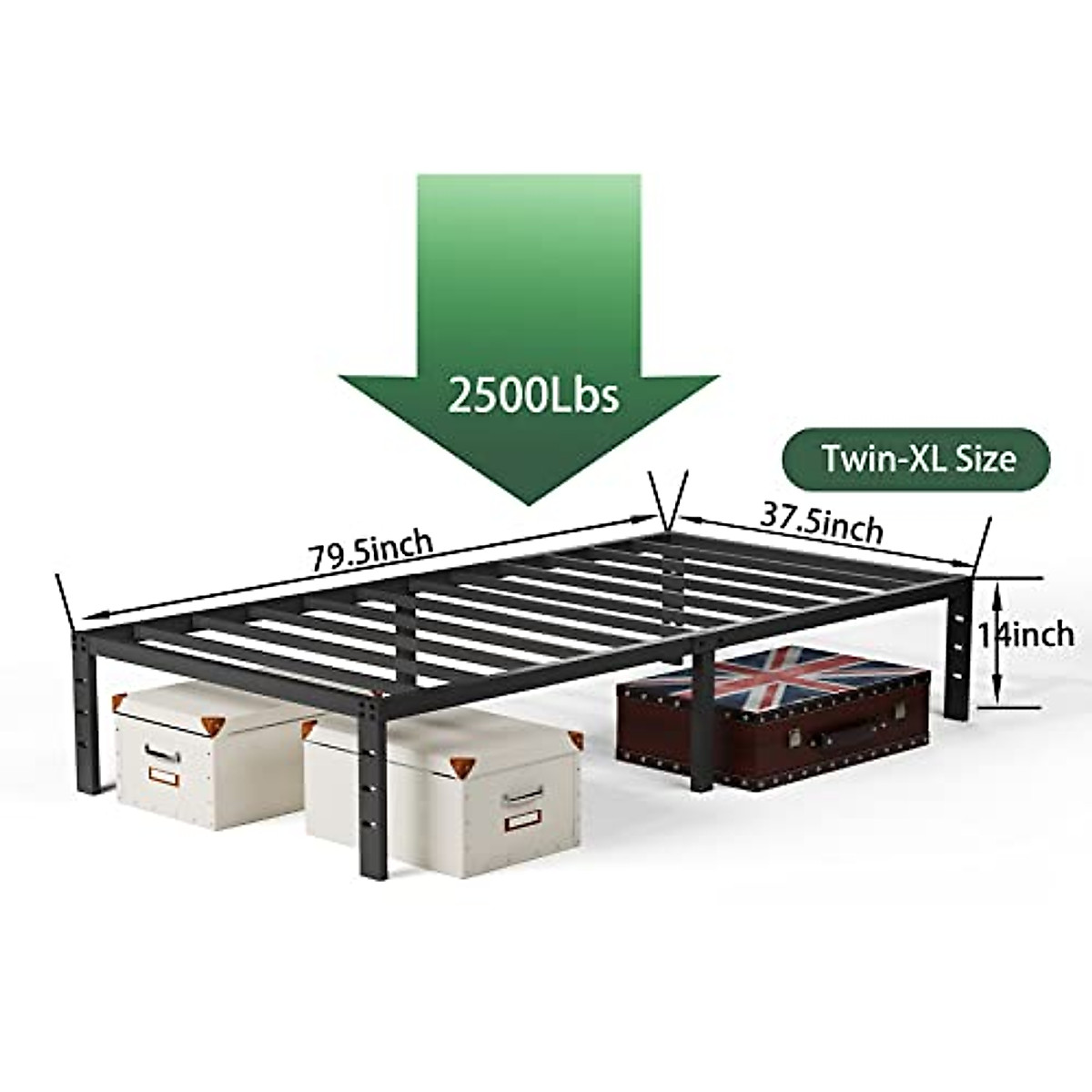 Tooyyer Metal Twin XL Bed Frame 14" High 3000 lbs Heavy Duty Extra Long Metal Bed Platform No Box Spring Needed Easy to Assemble Non-Slip Noise Free Black-Twin XL