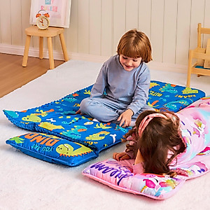 JOIEDOMI Toddler Nap Mat with Pillow & Blanket - 55''*30'' for Kids Ages 3-7 Years - Roll Up Nap Mat for Preschool - Soft Dinosaur Kids Sleeping Mat - for Boys Girls Kindergarten Daycare Sleepover