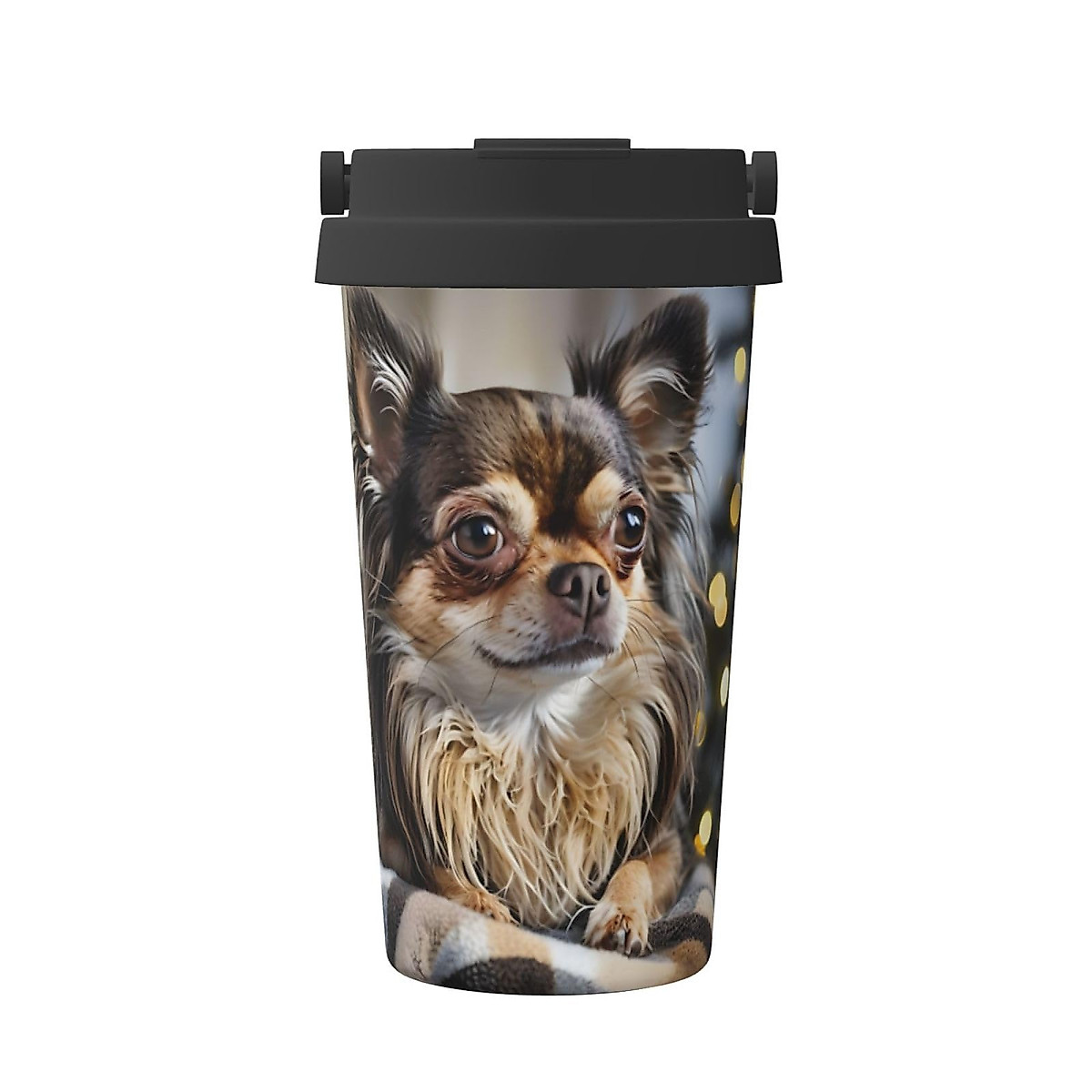 Kingnoyi Long-Haired Chihuahua Insulated Coffee Mug - Travel Friendly, High Capacity 500ml With Retractable Handle