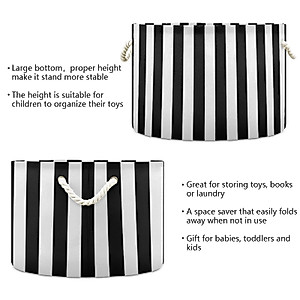 xigua Black White Stripes Pattern Large Round Storage Basket 20 x14 Inches Collapsible Round Storage Bin, Laundry Basket Organizer for Towels, Blanket, Toys, Clothes
