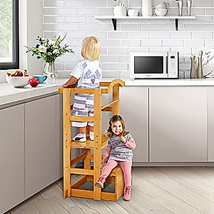 IPOW Learning Stool Toddler Tower, 3 Adjustable Height Kids Step Stool for 18-48 Months, Solid Toddler Kitchen Step Stool Helper with Safety Rail for Kitchen Counter Bathroom Sink