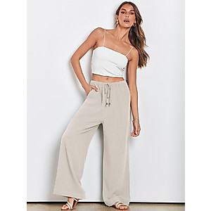 ANRABESS Women's Linen Summer Palazzo Pants Elastic Waist Casual Beach Trendy Wide Leg Trousers with Pockets Large Apricot
