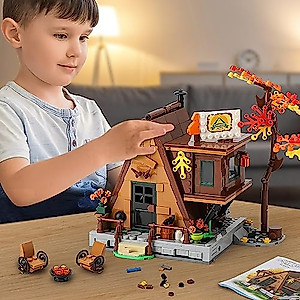 QLT A-Frame Cabin Building Set, Jungle Wood-Cabin House Building Set with LED Lighting Kit, Camping Friends Set Gift for 6+ Year Old Kids, Compatible with Lego (683 Pcs)