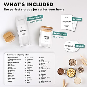 Square Glass Storage Containers with Bamboo Lids 12-Pack (4x 30 oz, 8x 17 oz) Airtight Storage Jars with Lids for Food, Stackable Kitchen Canisters with 114 Labels for Pantry [Thicker Glass 3mm]