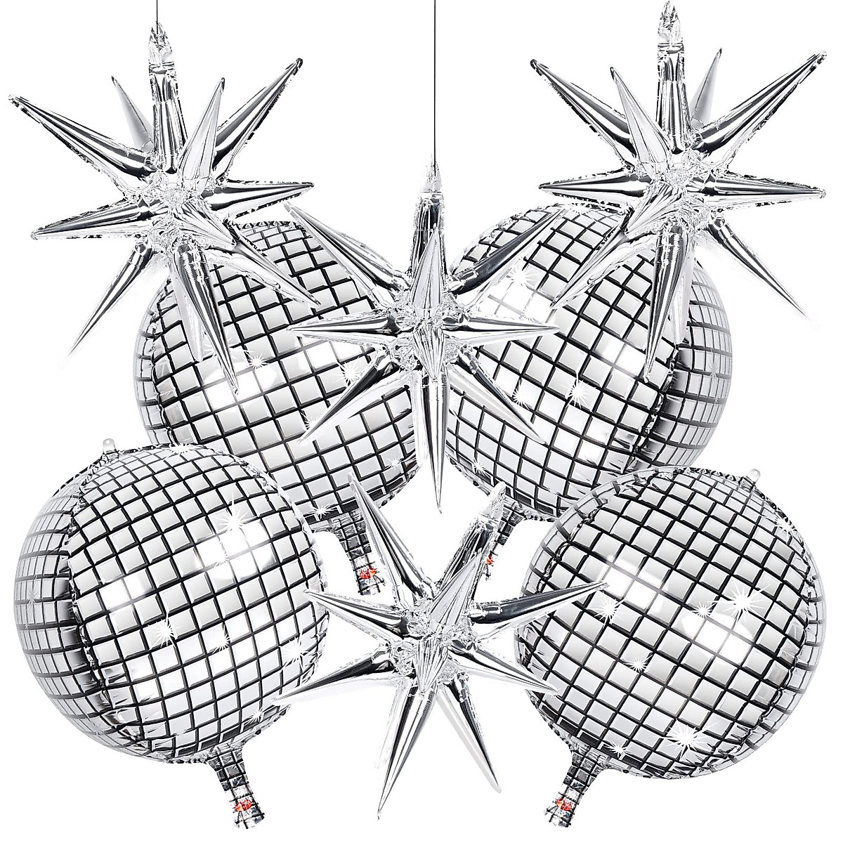 8 PCS 22Inch Silver Disco Ball Ballons, 4D Large Foil Balloons with Metallic Star for 70s Disco Dance Birthday Party Graduation New Year Decoration