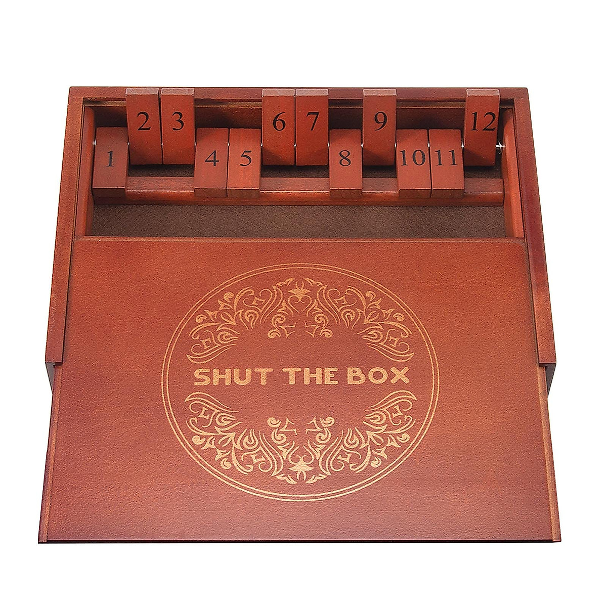 AMEROUS Shut The Box Dice Game，Wooden Board Table Math Game with Lid - 6 Dice - Gift Package - Rules, Classic Board Game for Kids Adults, Family