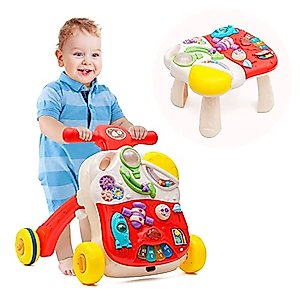Baby Walker Sit-to-Stand Learning Walker Kids Activity Center Entertainment Table Lights & Sounds & Music & Rotating Gear & Rocket Rattle & Steering Wheel Educational Push Toy for Babies Toddlers(Red)