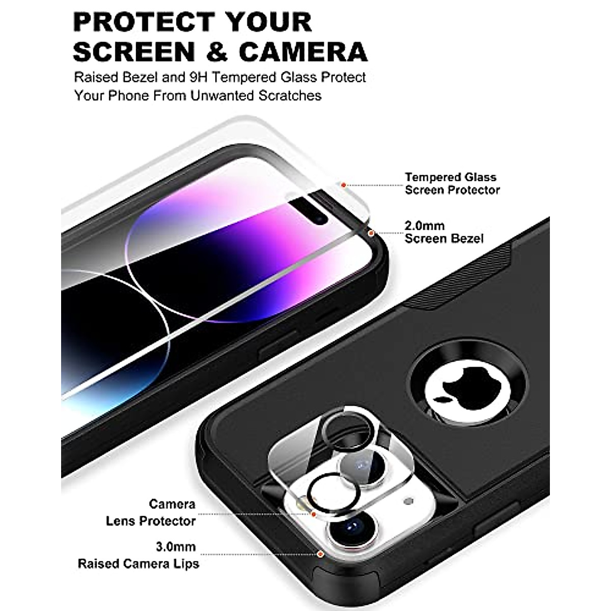 RonShieh Defender Case for iPhone 14 with Holster Belt Clip: [2pcs Screen Protectors + Camera Lens Protector] Heavy Duty Protective Shockproof Rugged Hard Phone Cover for Men, Black