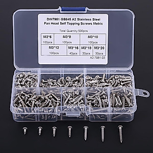 500Pcs M3 Self Tapping Screws Stainless Steel Cross Drive Button Head Self Drilling Screws Assortment(Stainless Steel)