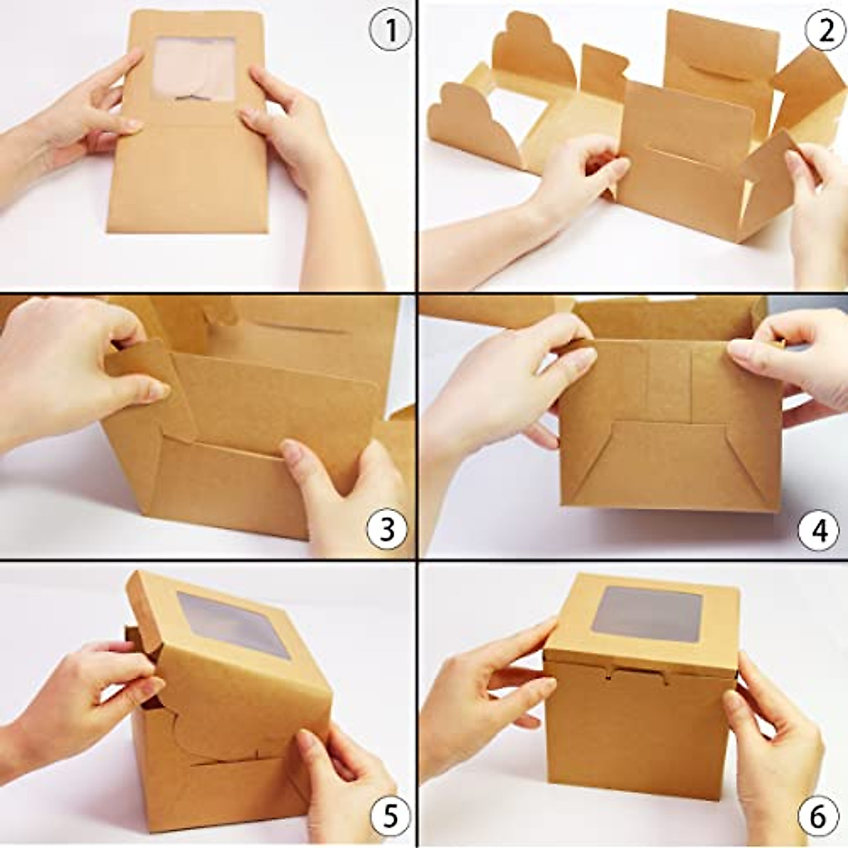 PQZKLDP 12Packs 6x6x5 Inches Brown Kraft Cake Boxes with Window, Gift Packing, Bakery Boxes, Dessert, Pastry, Cupcake, Pie Cookies, With Stickers,66 FT Twine (6 * 6 * 5 Inch, Brown)