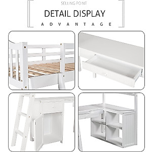 Harper & Bright Designs Twin Size Loft Bed with Desk, Wood Loft Bed Twin with Drawers, Cabinet, Shelves, Kids Loft Twin Bed with Desk and Storage for Girls Boys Teens,No Box Spring Needed,White