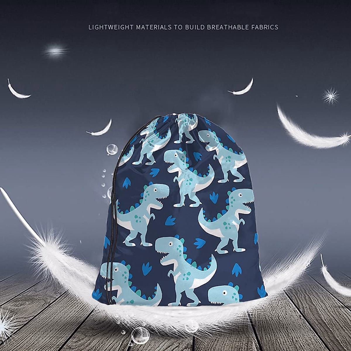 Beabes Blue Dinosaur Print Drawstring Backpack Bag - Dino Little Cute Cartoon Animal Pattern Roar Series Sport Gym Sack Drawstring Bag for Men Women