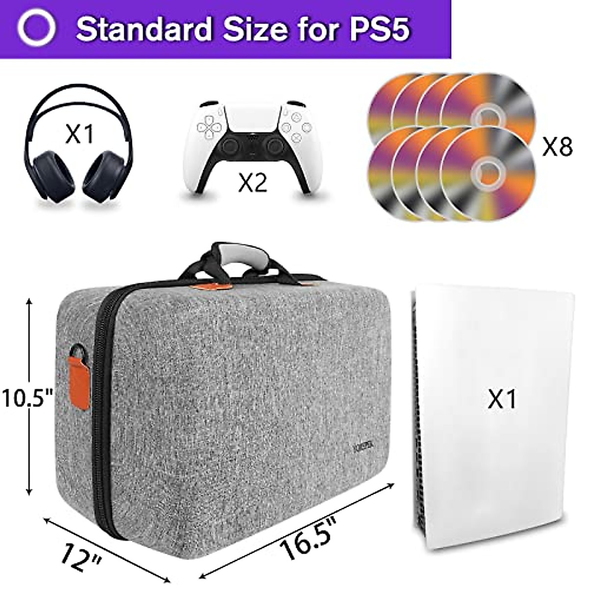 YOREPEK Hard Shell Carrying Case for PS5, Travel Bag Compatible with Playstation 5 Console Controller, Protective Storage Bag for PS5 Disk Digital Edition, Games, Headset and Gaming Accessories, Grey