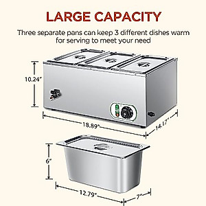 Cavlhils 3-Pan Commercial Bain Marie Buffet Steam Table Stainless Steel Food Warmer, 3x7QT 6" Deep 1500W Electric Countertop Warmers with 86-185°F Temp Control for Parties, Catering, Restaurant