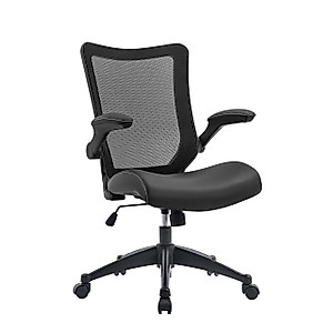 OFFICE FACTOR Office Chair 300Lbs Weight Capacity Flip-up arms Anti-Scratch Wheels Mesh Back and Faux Leather Seat Lumbar Support Computer Ergonomic Task Desk Chair (Black Desk Chair)