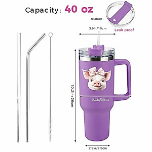 LB LEOBON 40 ounce insulated cup with handle, double-layer vacuum stainless steel material, equipped with straw, can keep warm or maintain cold drinks Pink Piggy Bow Deep purple
