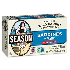 Season Sardines in Water – No Salt Added, Wild Caught, 22g of Protein, Keto Snacks, More Omega 3's Than Tuna, Kosher, High in Calcium, Canned Sardines – 4.37 Oz Tins, 12-Pack