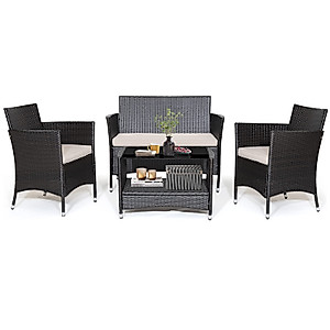 Tangkula 4 Pieces Patio Furniture Set, Patiojoy Outdoor PE Wicker Conversation Set with Soft Cushions and Tempered Glass Tabletop, Outdoor Garden Furniture Set with 2-Tier Coffee Table (Brown)