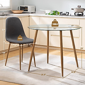 STYLIFING Dining Table Set Modern 5 Pieces Dining Room Set Mid Century Round Tempered Glass Kitchen Table and 4 Deep Grey Modern Fabric Chairs with Metal Legs