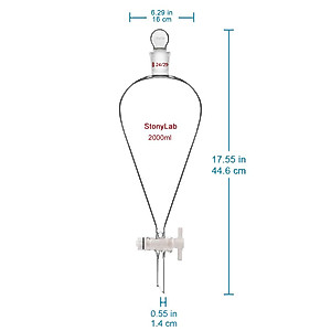StonyLab PTFE Stopcock Separatory Funnel 2L, Borosilicate Glass Heavy Wall Conical Pear-Shaped Separatory Funnel Separation Funnel with 24/29 Joint