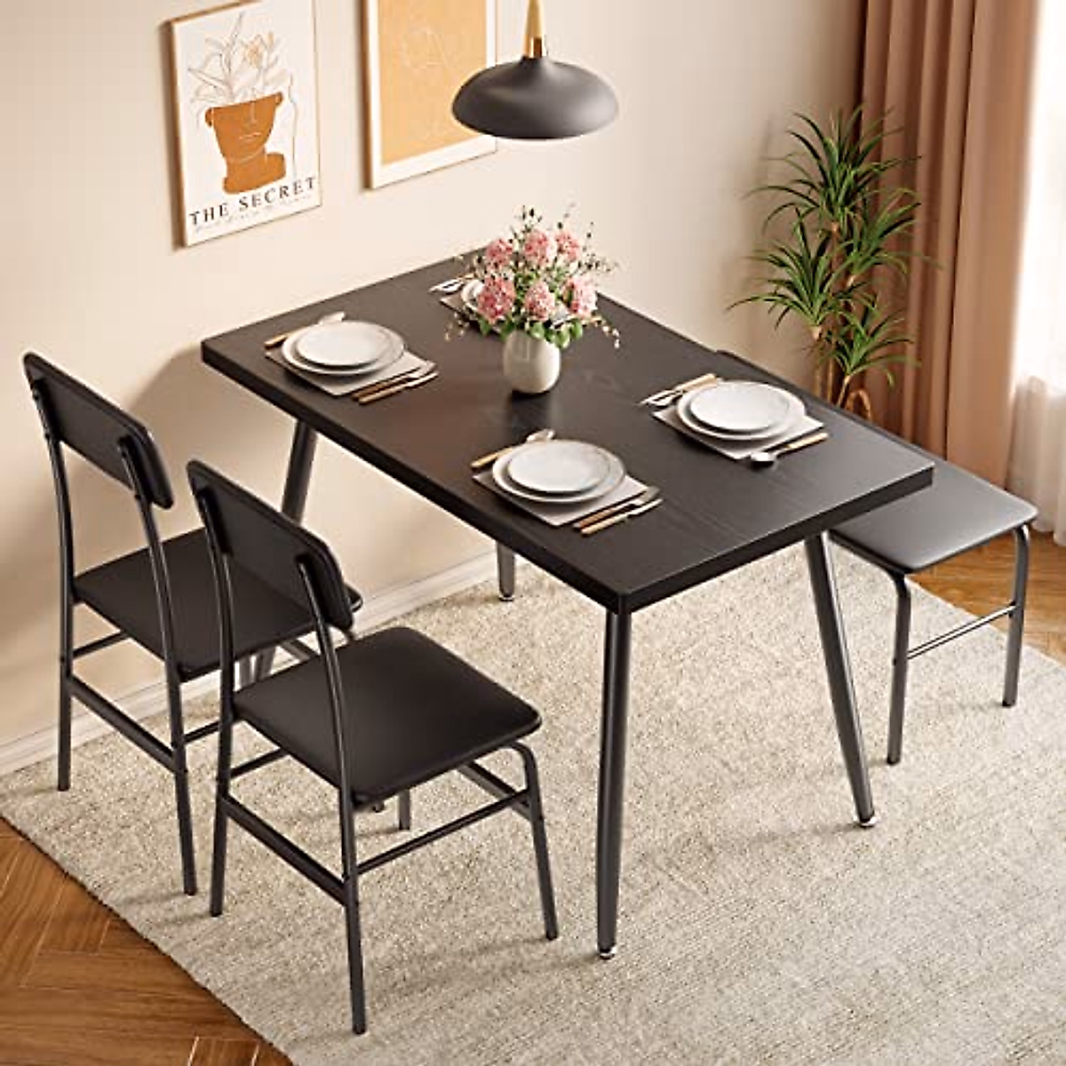 Gizoon Dining Table Set for 4, Kitchen with Bench and 2 Chairs Small Space, Apartment