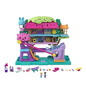 Polly Pocket Doll House with 2 Micro Dolls, Toy Car & 15+ Accessories, Pet Adventure Treehouse Playset