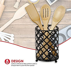 Home Basics Beautiful Heavy Duty Steel Lattice Cutlery Holder, Utensil Organizer, Rust-resistant, Free Standing, Black, 5" x 5" x 7"