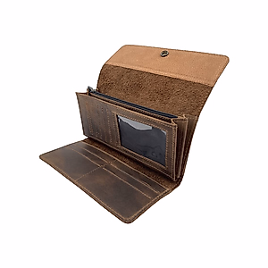 Heather's, Minimalist Tri Fold Folio Wallet for Women, Card Saver, Stylish Organizer with Button Closure and Zipper Coin Pocket, Full Grain Leather, Handmade, Bourbon Brown