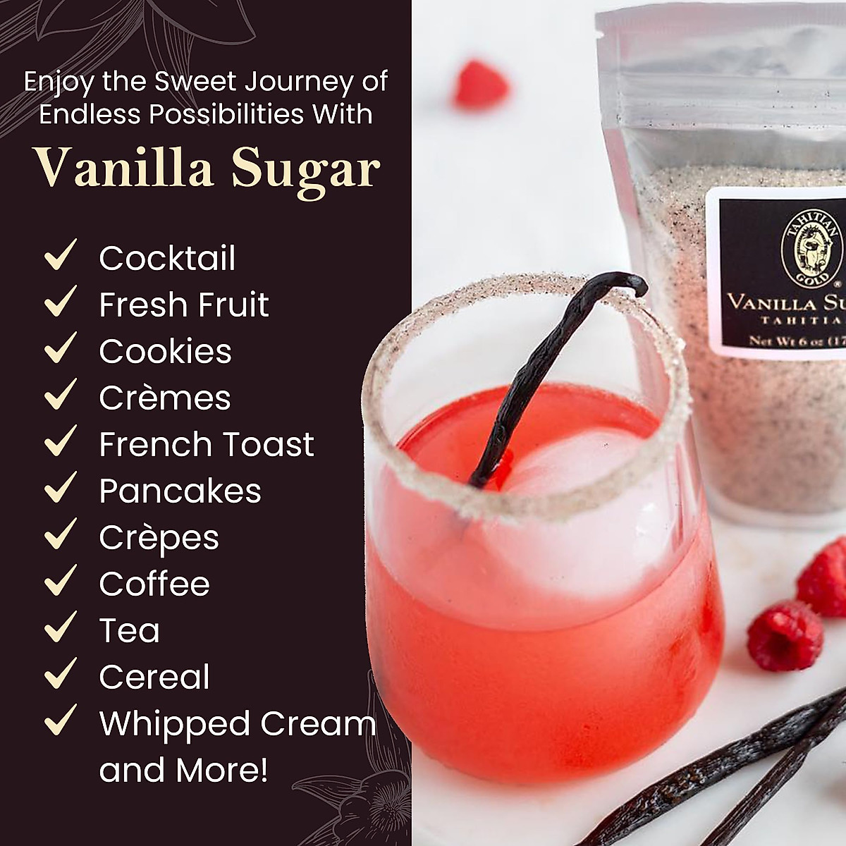 Tahitian Gold, Premium Tahitian Vanilla Sugar [Pack of 2], Tahitian Ground Vanilla Beans Aged in Organic Cane Sugar, Perfect for Coffee, Tea, Baking, Margarita Rim, and More (6 oz Pouch, 2 Pack)