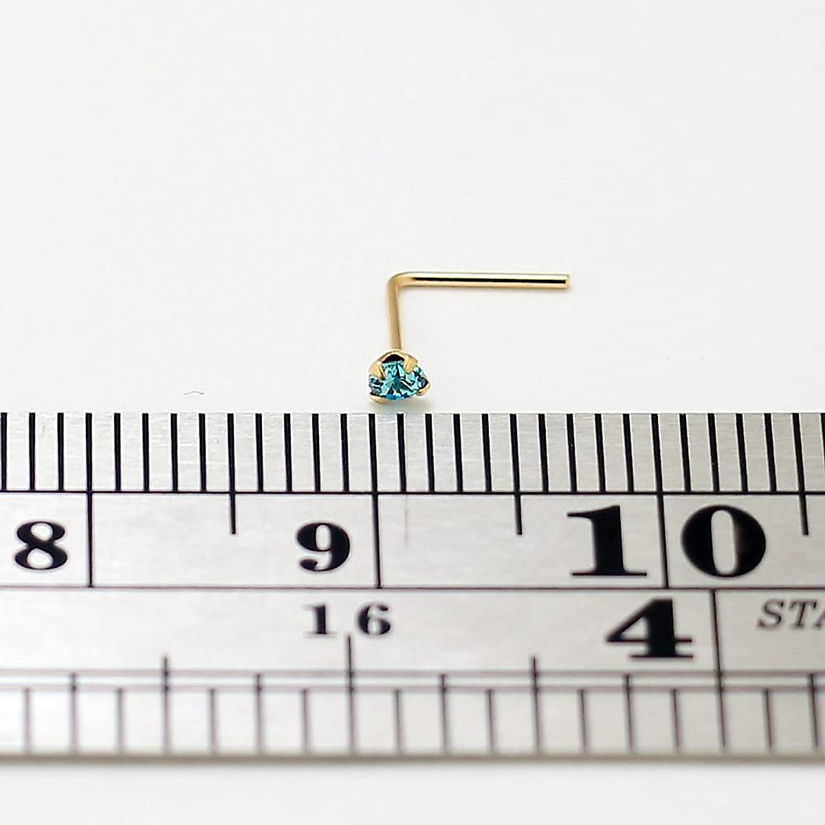 PiercingPoint 9K Solid Yellow Gold Claw Set 1.5MM Aquamarine Genuine Crystals Stone 22 Gauge L-Shape Nose Stud Jewelry