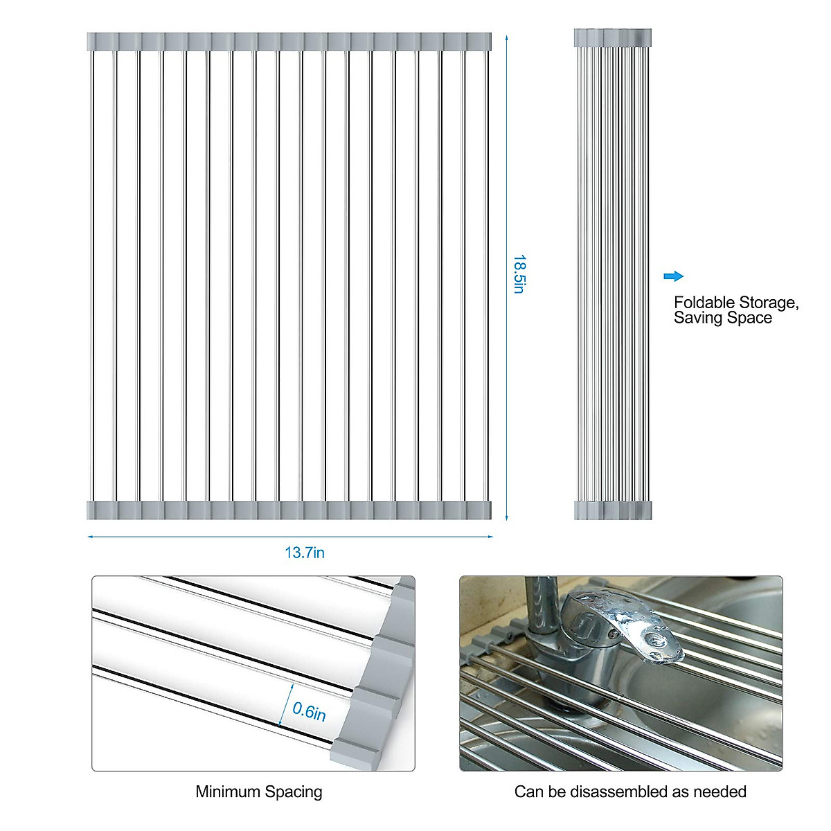 Dish Drying Rack, 2 Pack Roll up Drying Rack, Foldable Utensil Plates Holders, Multipurpose Over Sink Dish Rack Rustproof Silicone Dish Drainers Heat Resistant Mat for Kitchen(18.5x13.8inch)