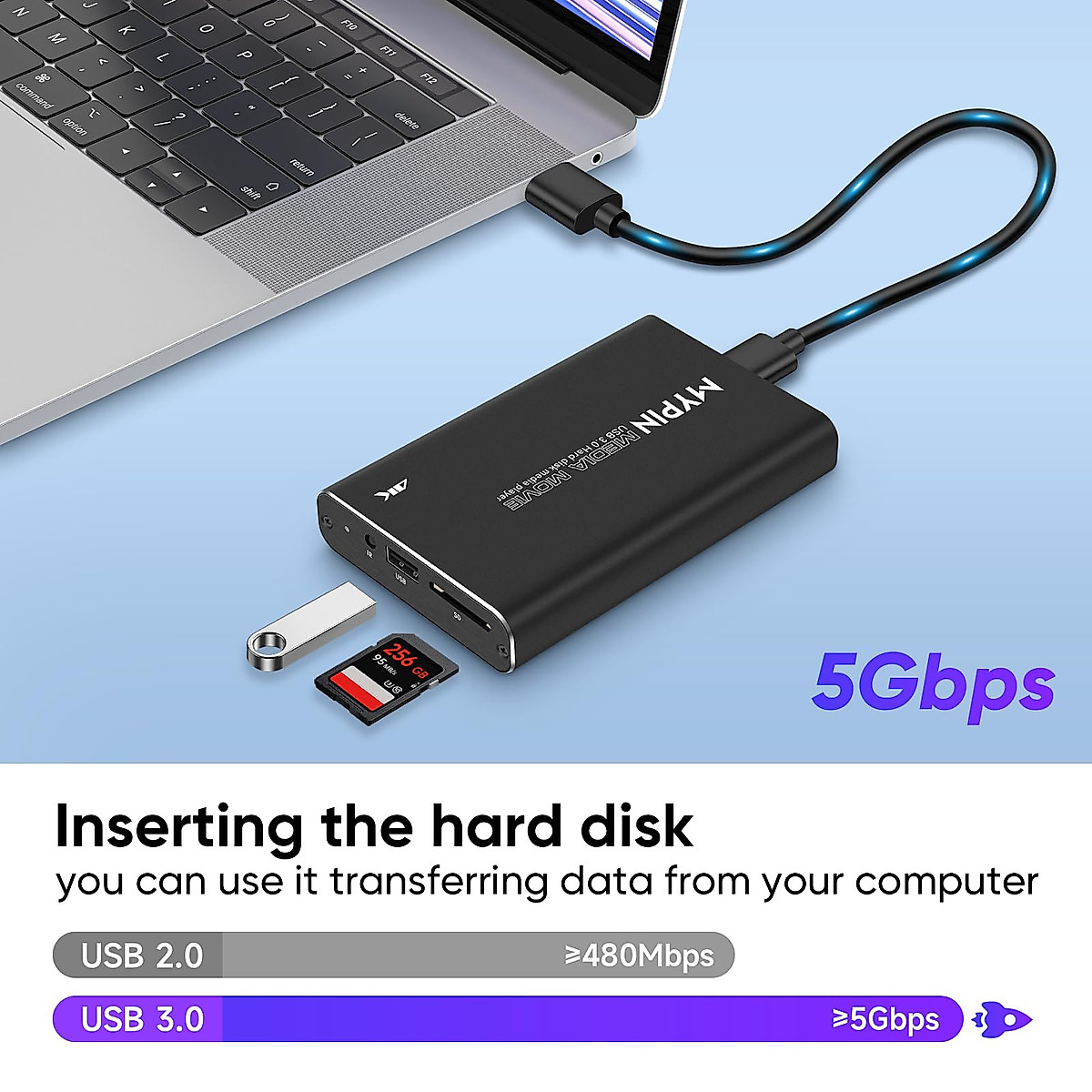 4K@30hz USB3.0 HDMI Media Player with One AV Cable, Support 2.5" SATA HDD with HDMI/AV/Optical Output, for Videos/Music/Photos from USB Drive/SD Card/4 GB Internal or Up to 8TB External HDD
