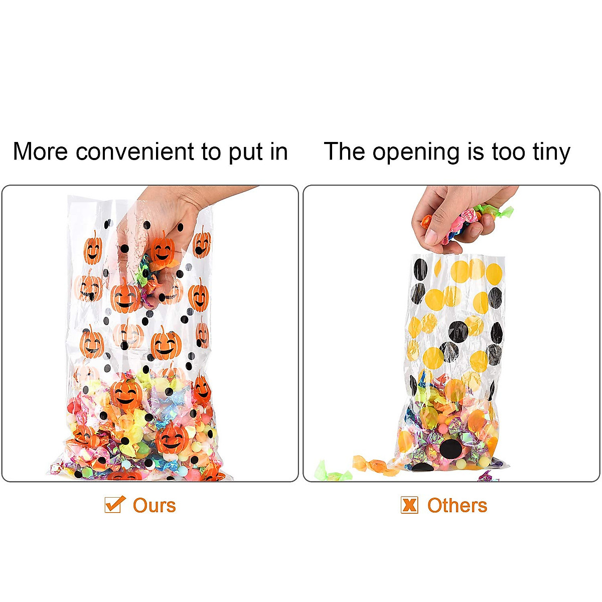Halloween Pumpkin Print Cone Cellophane Bags Heat Sealable Halloween Treat Candy Bags Gift Bags and Golden Twist Ties for Halloween Treat Party Favor (100 Sets)