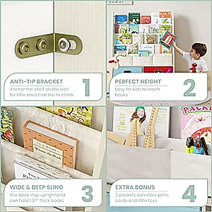 SEIRIONE Kids Book Rack, 4 Sling Bookshelf, 2 Storage Boxes and Toys Organizer Shelves, Beige