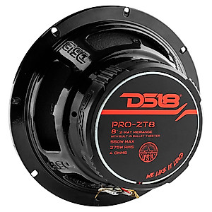 DS18 PRO-ZT Pro Audio Coaxial Midrange Speakers with Built-in Bullet Tweeter, 4-Ohms, Water Resistant - Black Metal Mesh Grill Included (1 Speaker) (8" inches)
