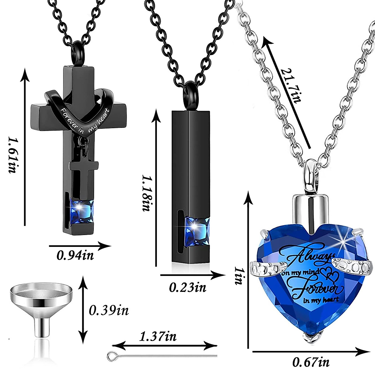 weikui 3 Pieces Heart Cross Cubic Urn Necklace for Ashes for Men Women Cremation Jewelry Crystal Memorial Locket Ashes Pendant Family Keepsake Sharing Jewelry Set (3 Black Pendants - Blue)