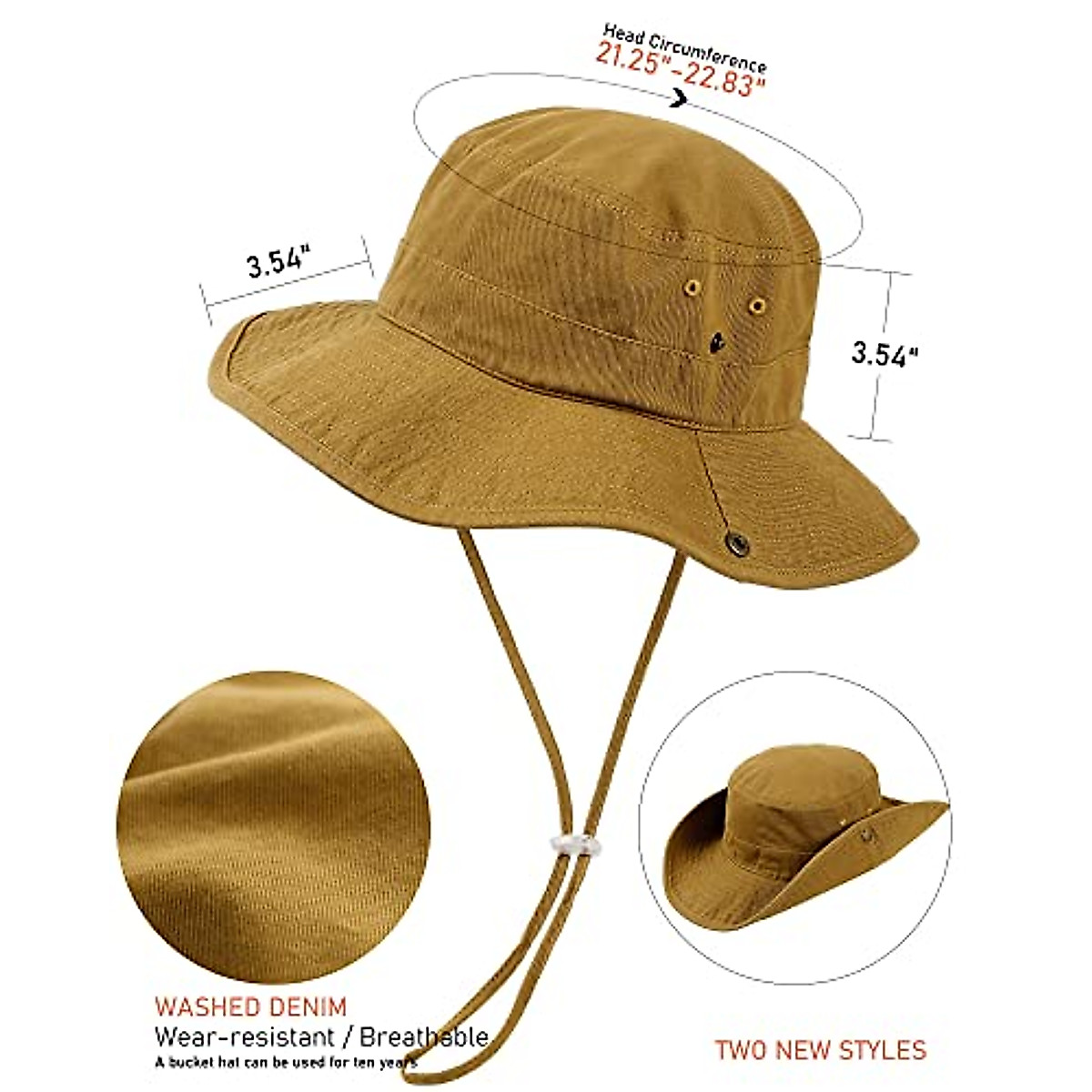 Wide Brim Bucket Sun Hat Packable Cotton Washed UPF 50 Beach Hat for Women Men with Strings Cowboy Outdoor Safari Boonie Cap Brown