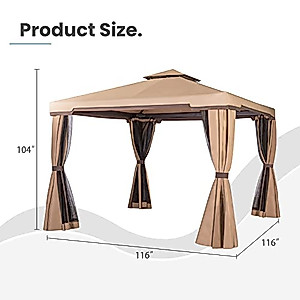 Incbruce Outdoor 10x10 Garden Gazebo, Steel Vented Double Roof Patios Canopy, Outside Gazebo with Mosquito Netting for Backyard, Lawns, Party (Brown)