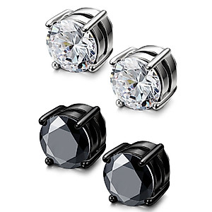 LOYALLOOK Stainless Steel Stud Earrings for Men Women Unisex Cubic Zirconia Inlaid 2 Pairs 8MM
