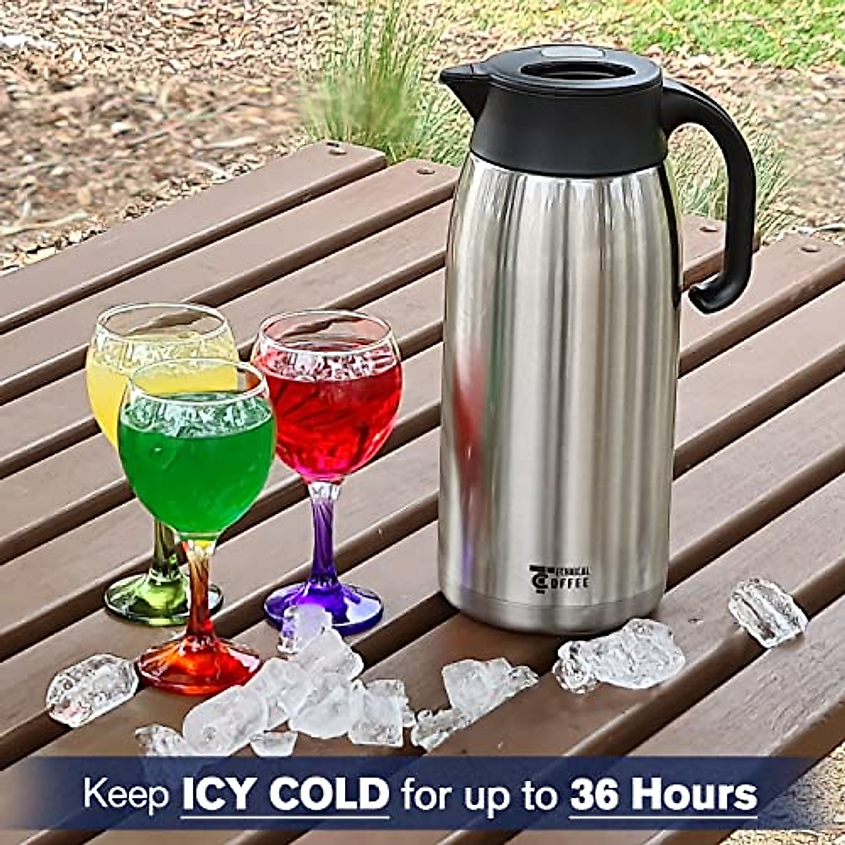 Coffee carafe & Tea carafe in one. 68oz 12hr heat retention ideal for coffee carafes for keeping hot, 24hr cold retention. Thermal Stainless Steel double walled insulated carafe. Infuser & Brush Incld