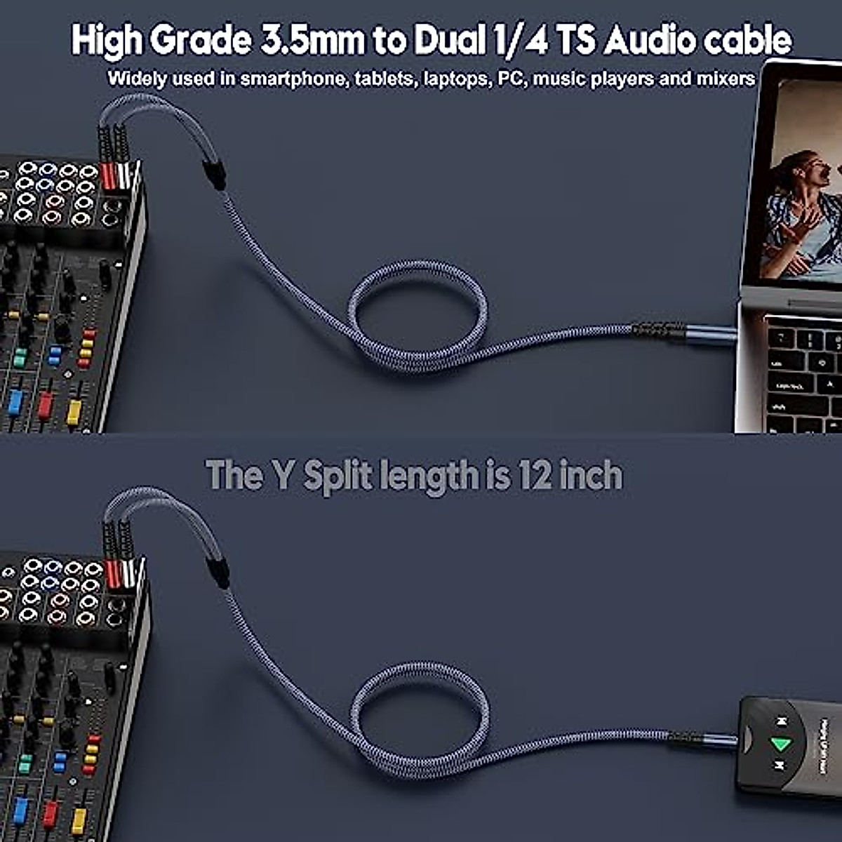 TAISUSAN 1/8 Stereo to Dual 1/4 Mono Cable 20ft, 3.5mm to Dual 1/4 Cable, 1/8 inch TRS Stereo to Dual 1/4 inch TRS Splitter