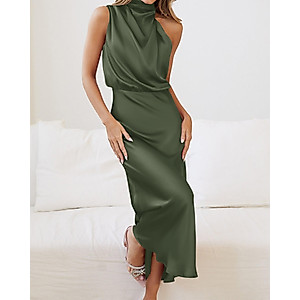 BTFBM Women's Sleeveless Cocktail Dresses Mock Neck Keyhole Elastic High Waist Wedding Guest Evening Party Maxi Dress(Solid Army Green, Medium)
