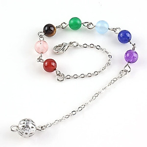 10 Pcs Silver Plated 7 Chakra Round Stone Beads ReiKi Chakra Pendulum Chain Necklace For Divination Dowsing YV0YD