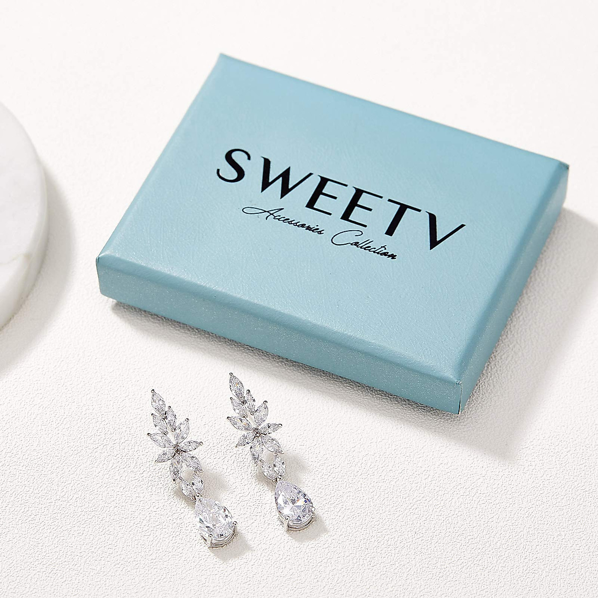 SWEETV Marquise Wedding Earrings for Women Brides Birdesmaids, Silver Crystal Cubic Zirconia Bridal Drop Earrings for Wedding Prom Jewelry