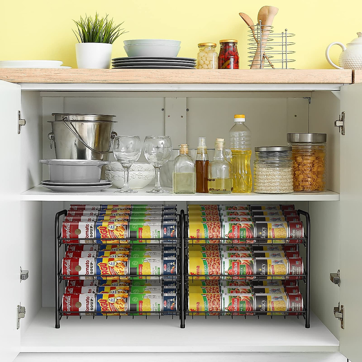 MOOACE Can Rack Organizer, 2 in 1 Can Storage Dispenser Holds up to 72 Cans, Can Organizer for Pantry Kitchen Cabinet, Black