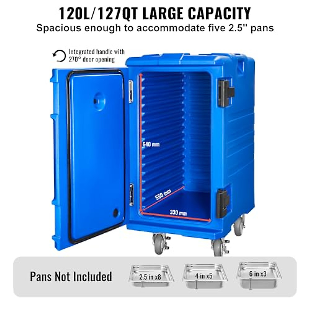 VEVOR Insulated Food Pan Carrier, 127 Qt Hot Box for Catering, LLDPE Food Box Carrier w/Double Buckles, Front Loading Food Warmer w/Handles, End Loader w/Wheels for Restaurant, Canteen, etc. Blue