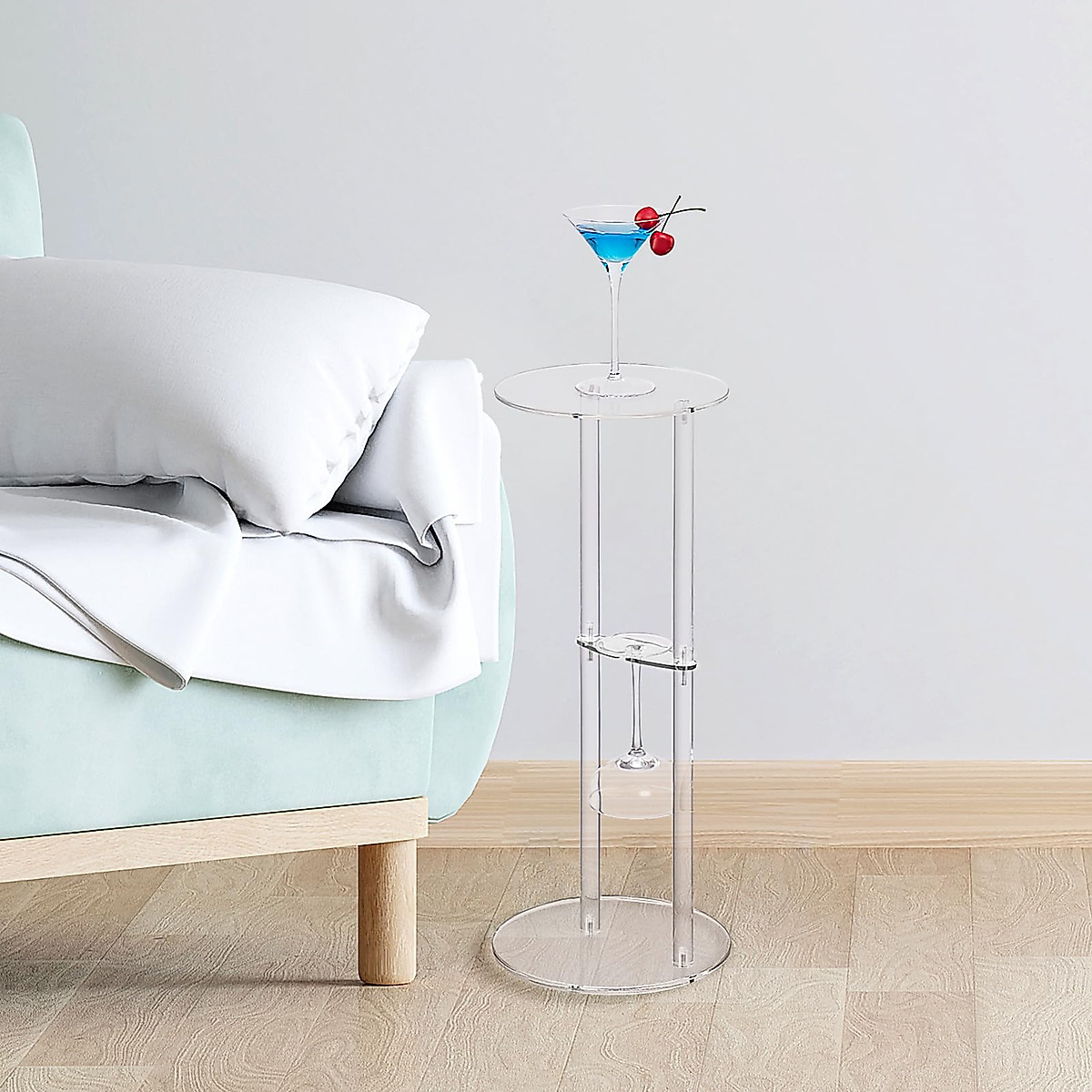 Aquiver Clear Small Acrylic Drink Table - Minimalist Martini Table with Goblet Holder - Small Round Side Table for Living Room, Bedroom, Balcony - 9'' L x 9'' W x 23'' H