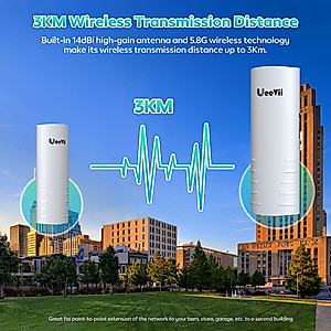 UeeVii Point to Point Wireless Bridge, 5.8Ghz 100Mbps Outdoor CPE 3KM Long Range Transmission Distance with 14DBi High Gain Directional Antenna, PoE Adapter,2 RJ45, for Barn Garage Shop, 2-Pack